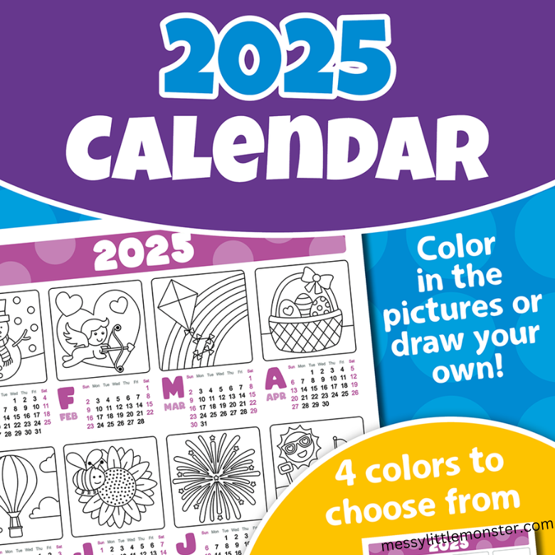 Printable Calendar for Kids 2025 Messy Little Monster Shop