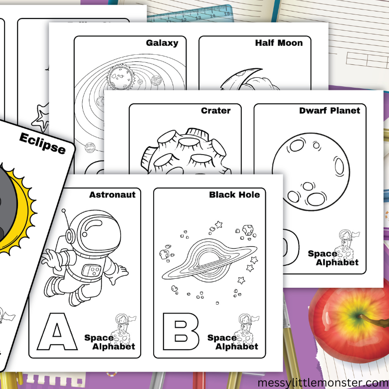 Space Alphabet Coloring Pages – Messy Little Monster Shop