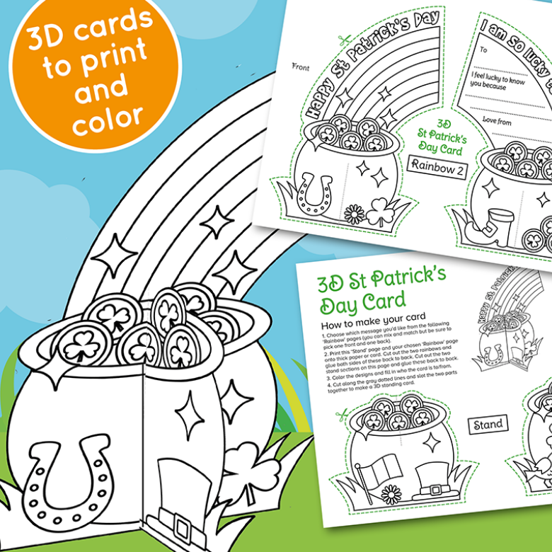 3D St Patricks Day Card to Color – Messy Little Monster Shop