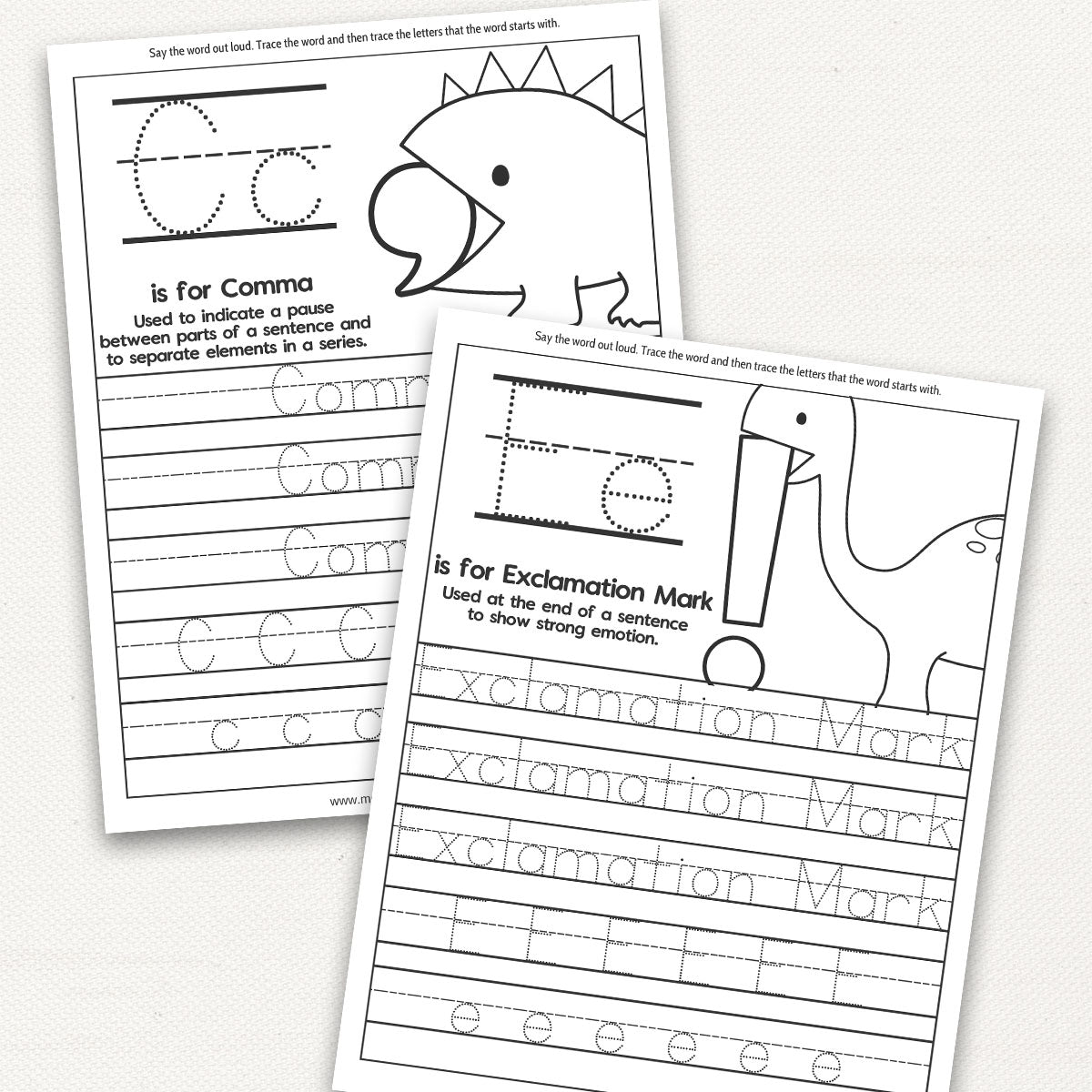 Dinosaur Punctuation Handwriting Sheets – Messy Little Monster Shop