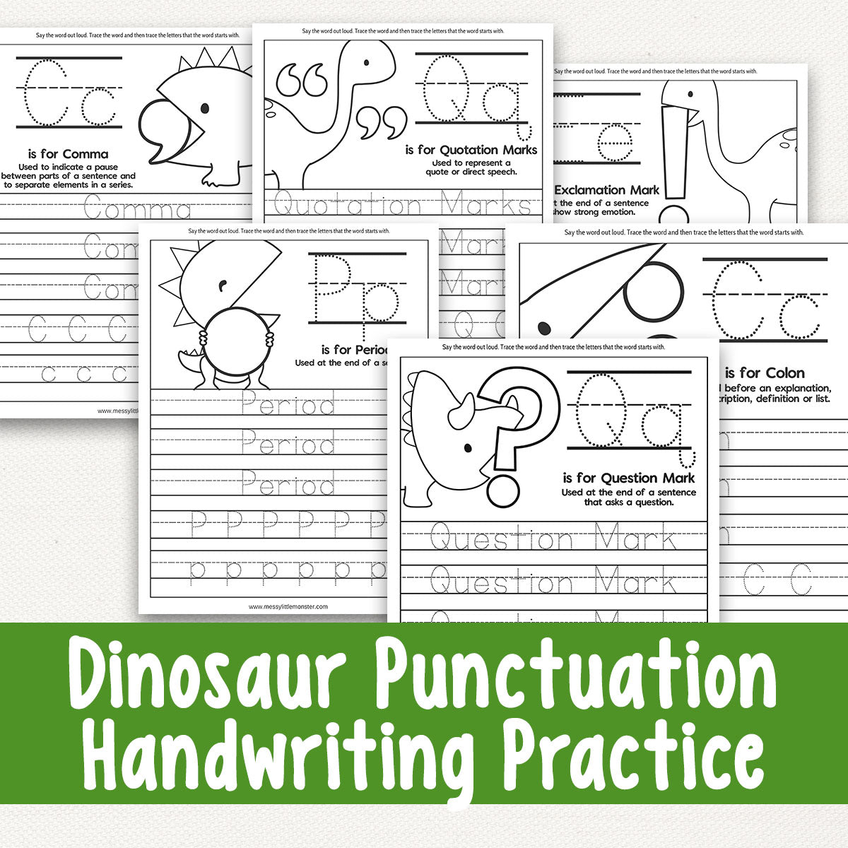 Dinosaur Punctuation Handwriting Sheets – Messy Little Monster Shop