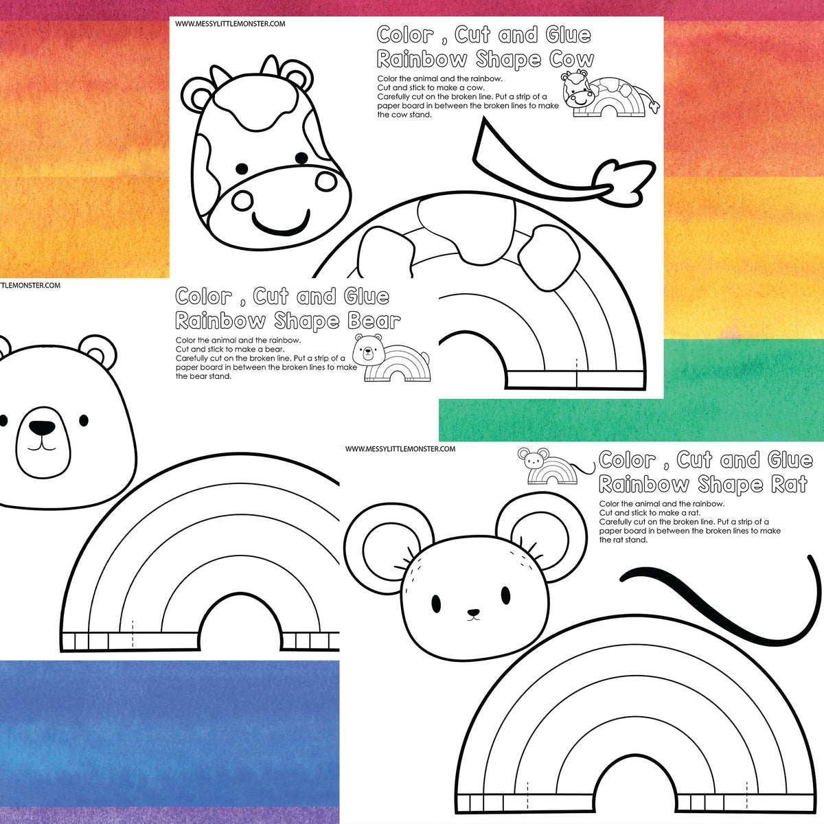 Rainbow Animals Color, Cut and Glue Activity – Messy Little Monster Shop