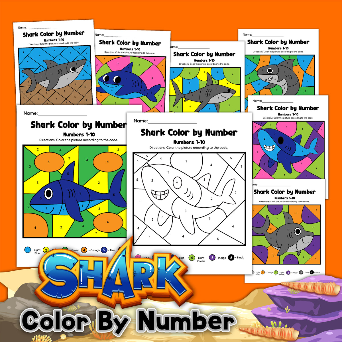 Shark Color by Number Sheets – Messy Little Monster Shop