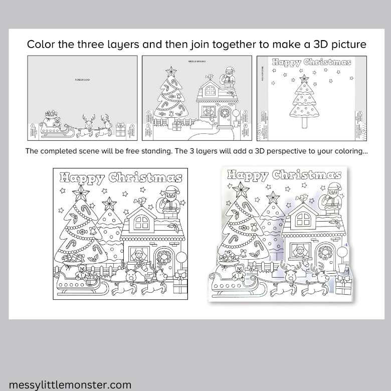 Christmas Colouring Pages - 3D Christmas Scene – Messy Little Monster Shop