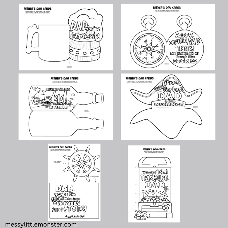 Pirate Father's Day Cards to Color – Messy Little Monster Shop