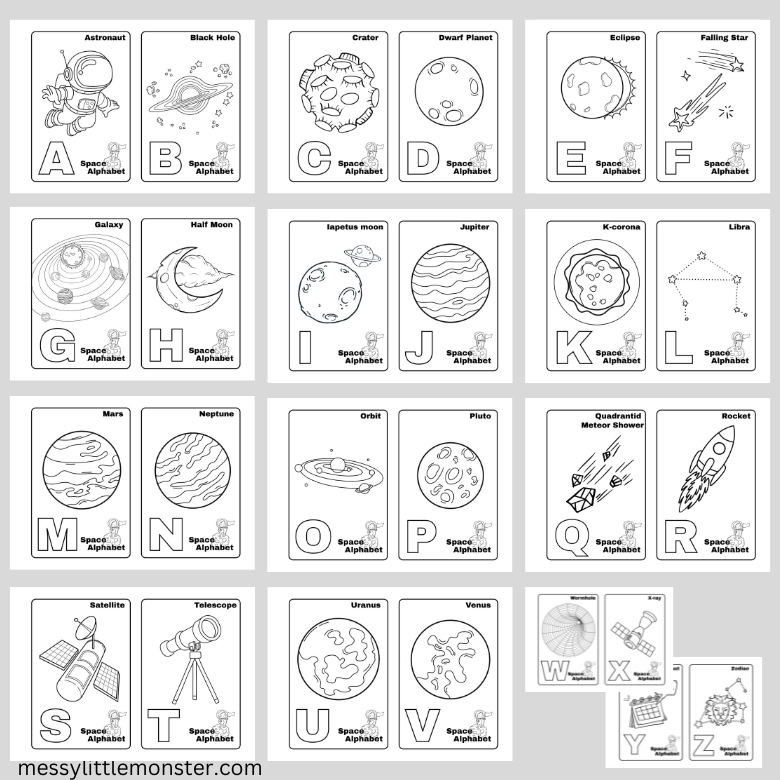Space Alphabet Coloring Pages – Messy Little Monster Shop